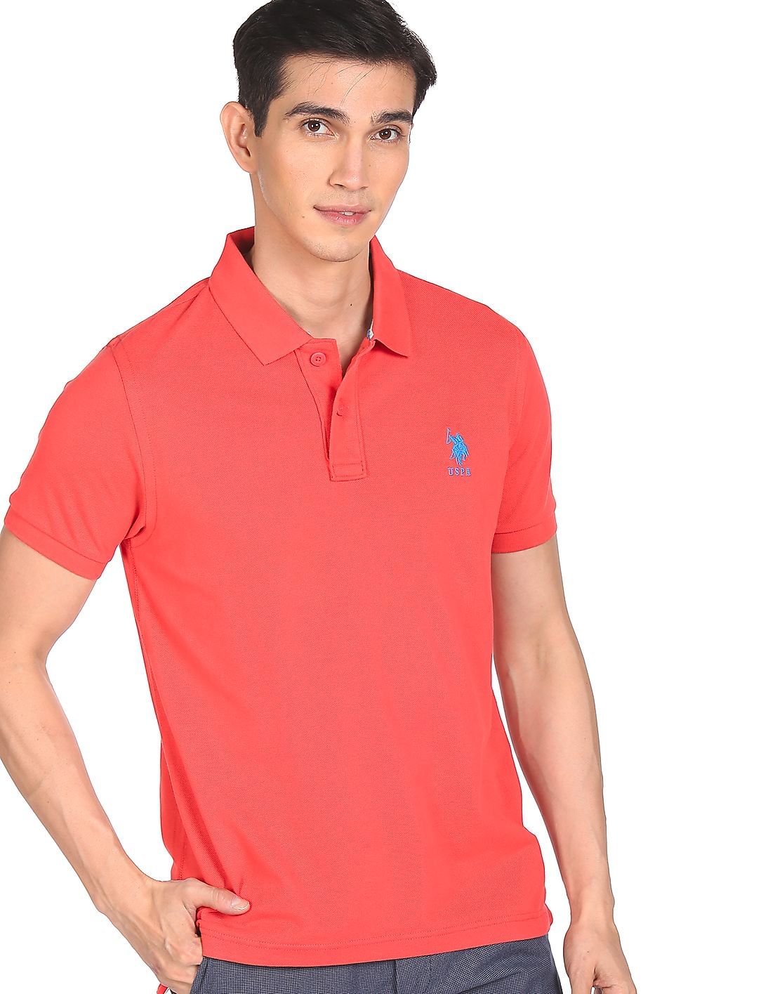 Buy U.S. Polo Assn. Men Coral Pure Cotton Solid Polo Shirt - NNNOW.com
